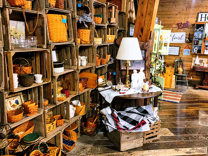 Rustic wooden crates transformed into display shelves&mdash;where country charm meets retail genius. Each basket tells a story.