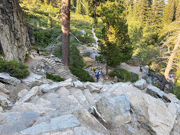 The path less taken: Stone steps carved into the mountainside lead adventurous souls deeper into the Sierra wilderness. Worth every huff and puff!