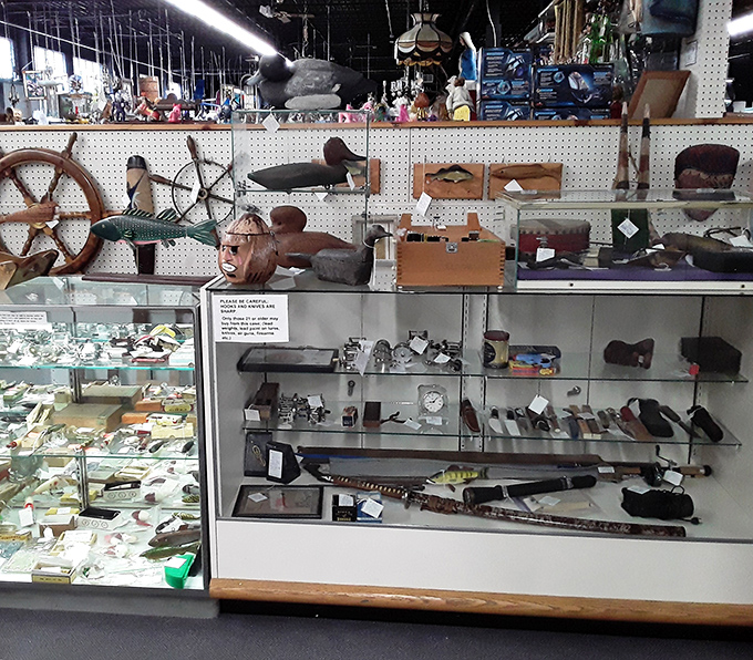 From ship wheels to duck decoys, this booth proves one person's hunting lodge decoration is another's must-have conversation piece.