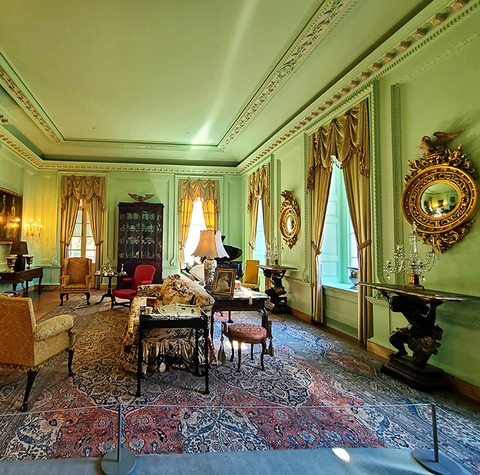 This mint green morning room makes even Monday mornings feel like a celebration, complete with gold accents that catch the light perfectly.