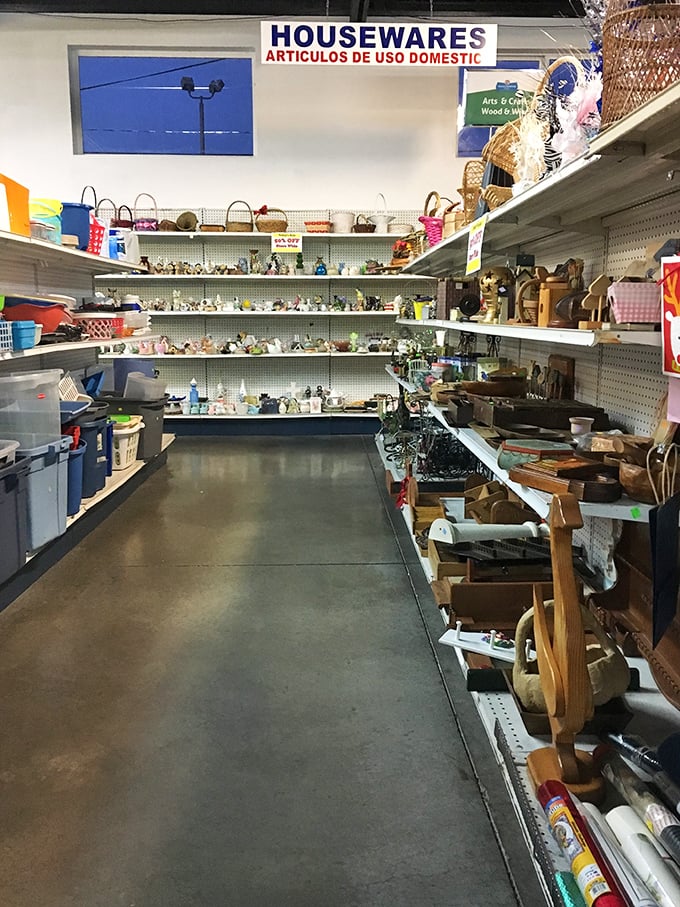The housewares section speaks fluently in both English and Spanish, offering domestic treasures waiting for their second act.