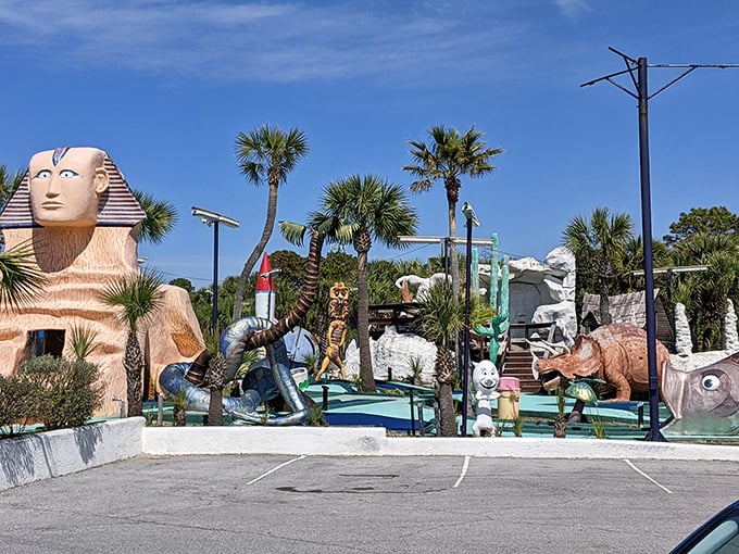 Ancient Egypt meets Jurassic Park at this delightfully kitschy mini-golf paradise. The sphinx seems to be judging your putting technique.