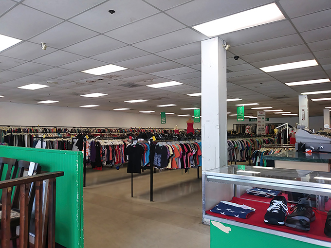 A sea of clothing racks stretches to the horizon, each hanger a potential "where have you been all my life?" moment waiting to happen.