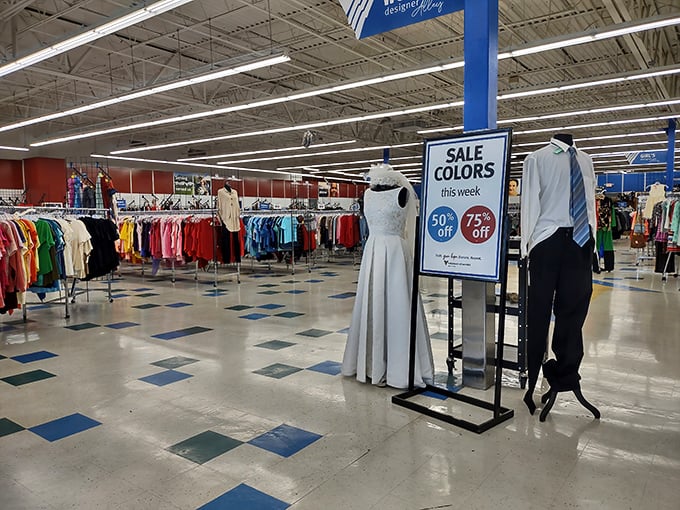 Endless aisles of clothing create a fabric maze that would challenge even seasoned shoppers.