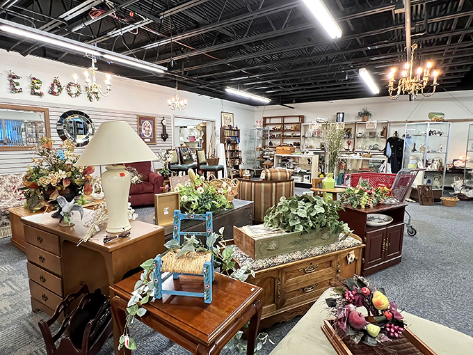 Not your grandmother's cluttered antique shop—Freedom Thrift's furniture section displays pieces with room to breathe and imagine them in your own home.