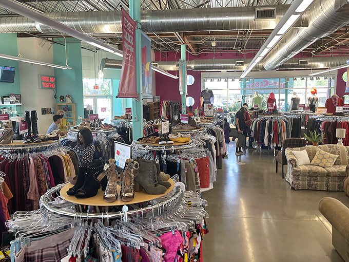 Inside, the treasure hunt begins! Meticulously organized racks create pathways through fashion history, where yesterday's splurges become today's steals.