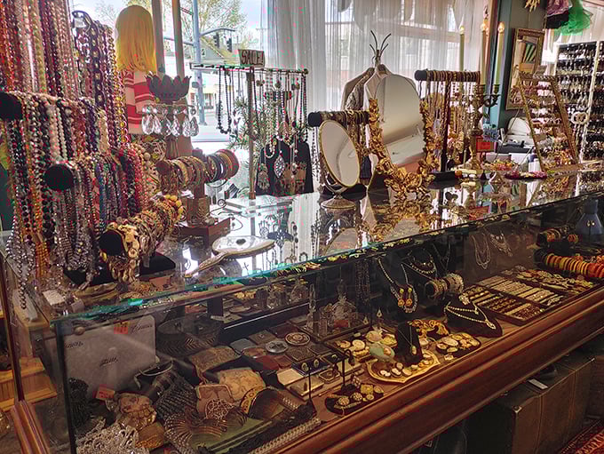 Jewelry cases that would make Elizabeth Taylor pause mid-sentence. Each necklace and brooch carries stories from cocktail parties and special occasions long past.