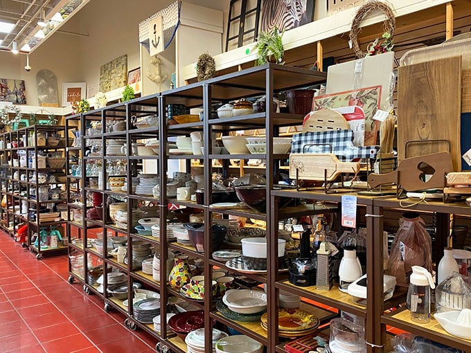 Kitchenware heaven where Pyrex dreams come true. Each shelf holds the potential for both nostalgic Sunday dinners and modern entertaining triumphs.