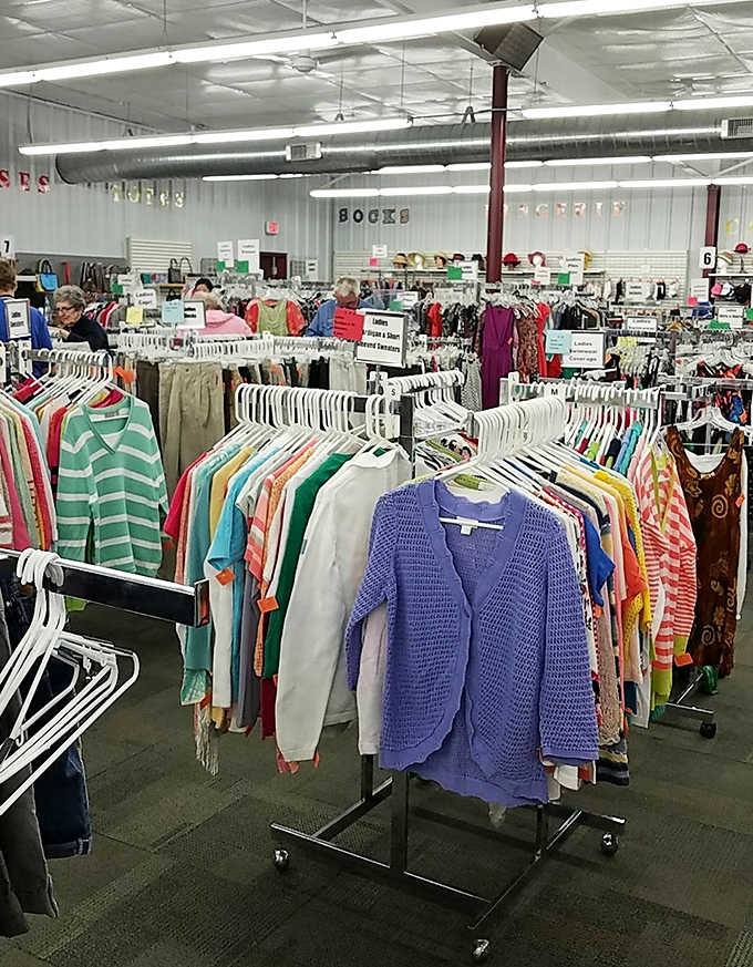 The clothing section stretches as far as the eye can see, a kaleidoscope of fashion possibilities where yesterday's trends await rediscovery.