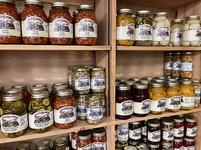 Mason jars lined up like colorful soldiers, each one packed with pickled perfection that'd make your grandmother weep with joy.