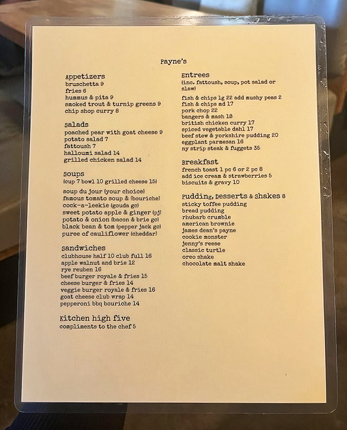This unassuming menu reads like a love letter to British comfort food, with fish and chips taking center stage among unexpected treasures.