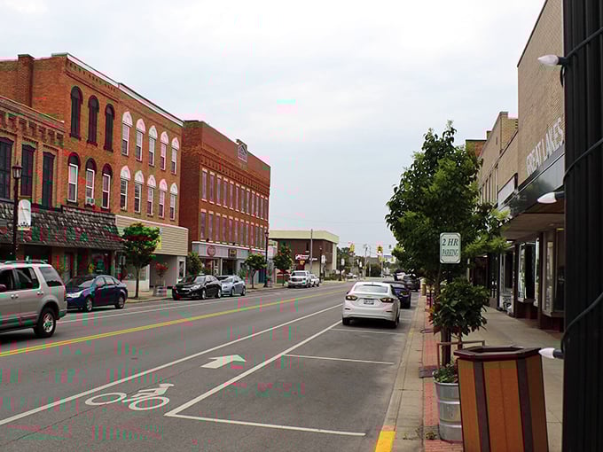 Main Street's gentle curve invites exploration, with bike lanes suggesting this town values both its heritage and modern sensibilities.