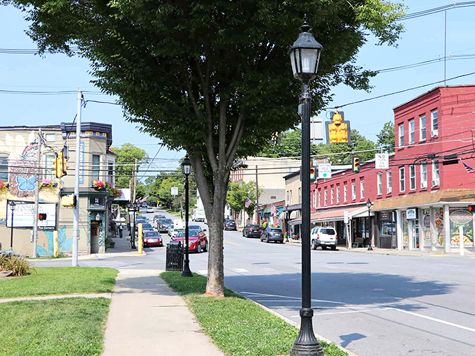 Classic lampposts and mature trees frame this slice of downtown Tunkhannock, where rushing is optional and friendly hellos are mandatory.
