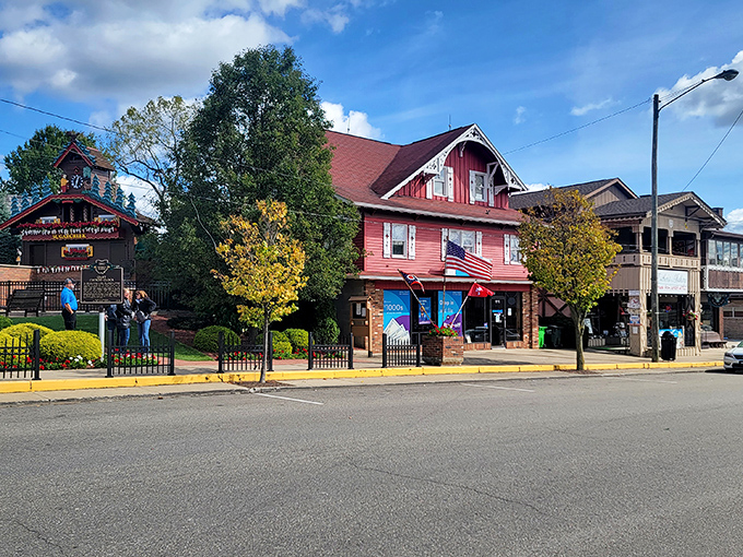 Main Street Sugarcreek offers a front-row view of the famous cuckoo clock. Red buildings and autumn trees create a scene worthy of the most discerning Instagram feed.