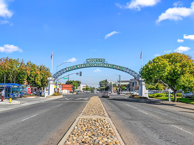 Another view of the famous Modesto arch spanning the roadway. Those cobblestones in the median aren't just decorative&mdash;they're a reminder that some things improve with age.