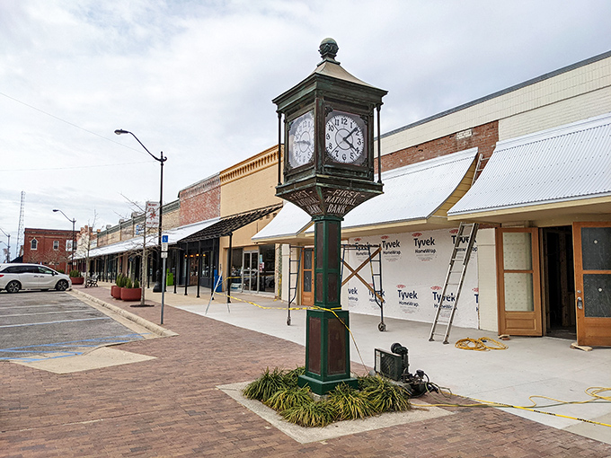 That vintage street clock isn't just keeping time—it's preserving it. Downtown DeFuniak Springs feels like Main Street USA before chain stores took over.