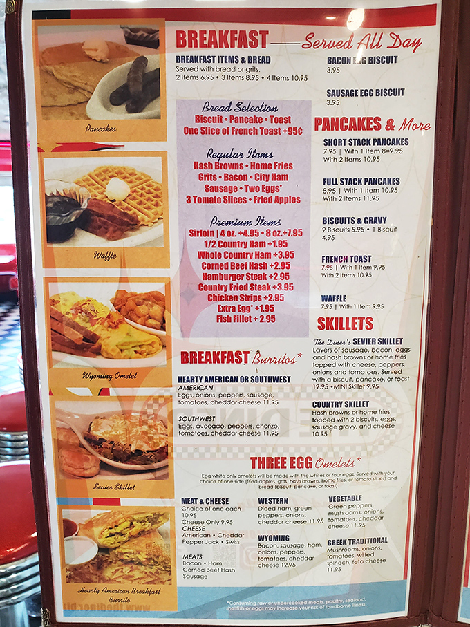 Breakfast served all day might be the most beautiful phrase in the English language. This menu promises pancake stacks that could double as pillows.