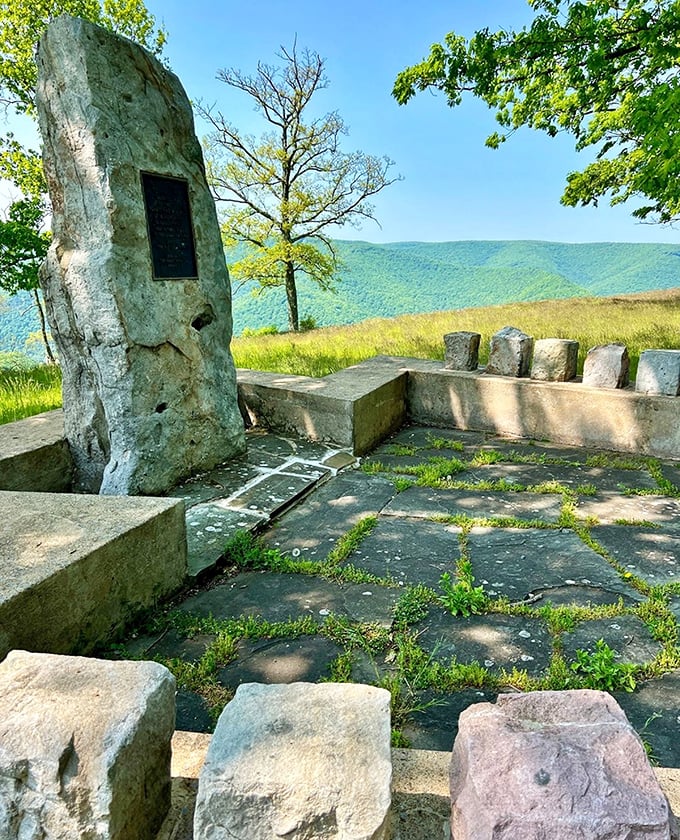 Stone monuments speak volumes about history while visitors focus on the view. Some come for the lessons of the past, most stay for the panorama.