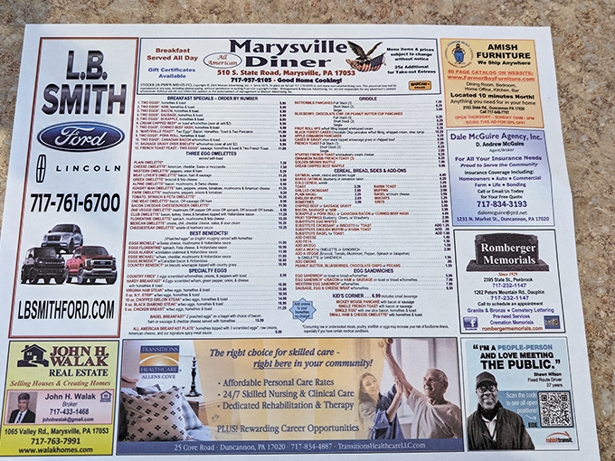 This menu isn't just a list of food&mdash;it's a roadmap to happiness with local businesses framing the edges.