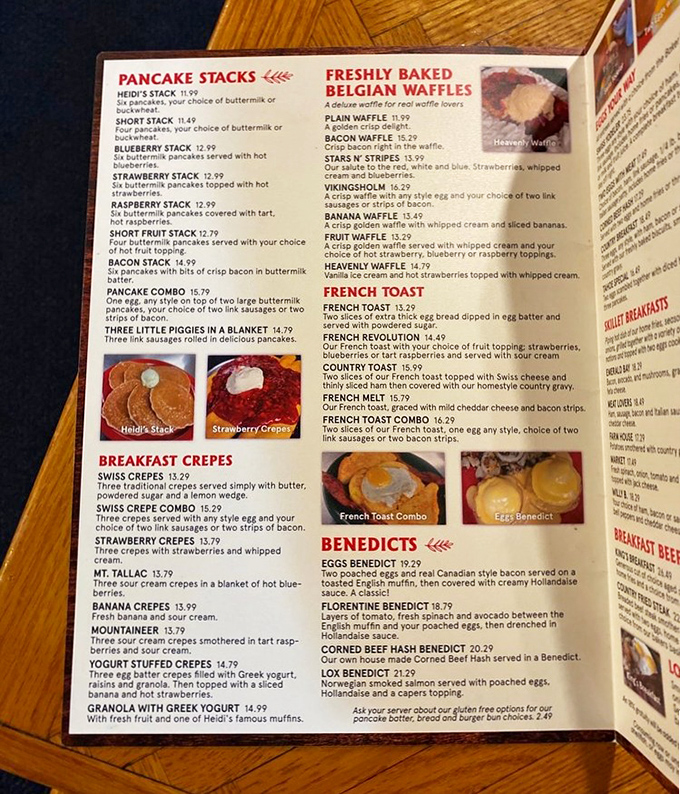 A menu that reads like breakfast poetry. Each description promises fluffy, golden possibilities that make choosing just one item the day's most difficult decision.