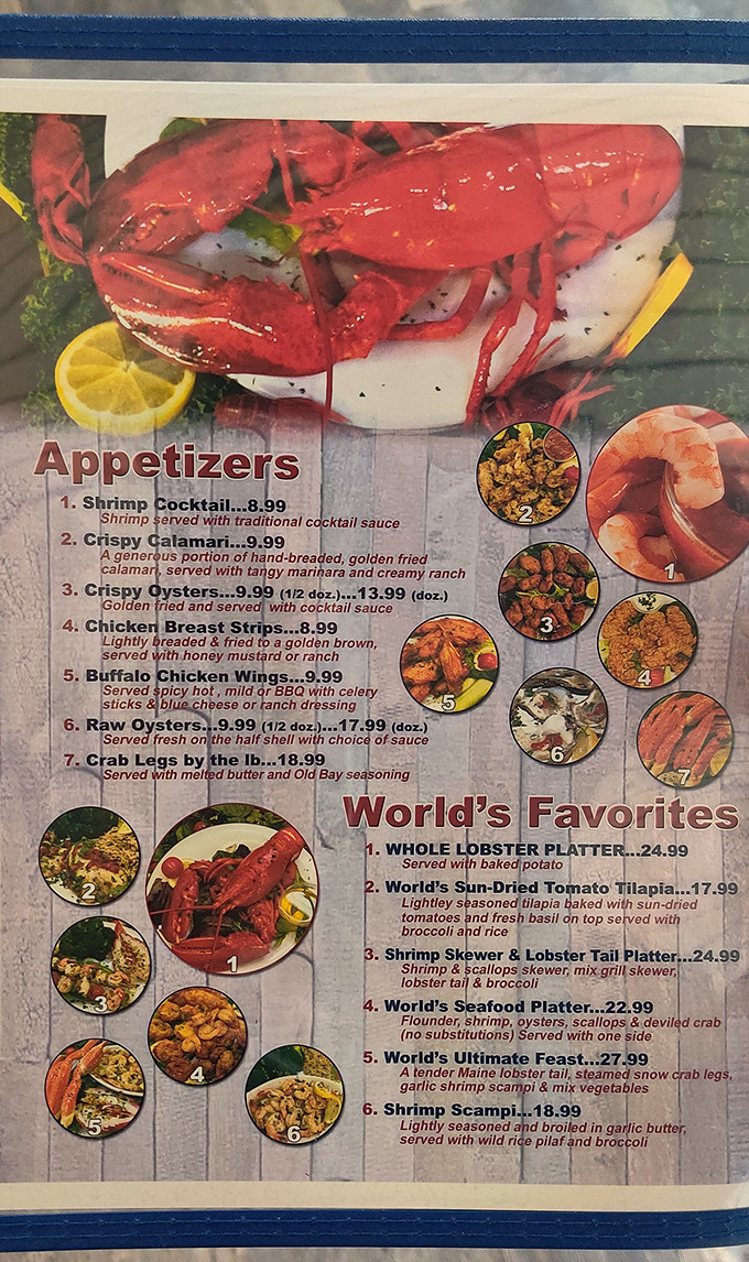 A menu that reads like a love letter to the ocean. That lobster isn't just posing&mdash;it's auditioning for your plate.