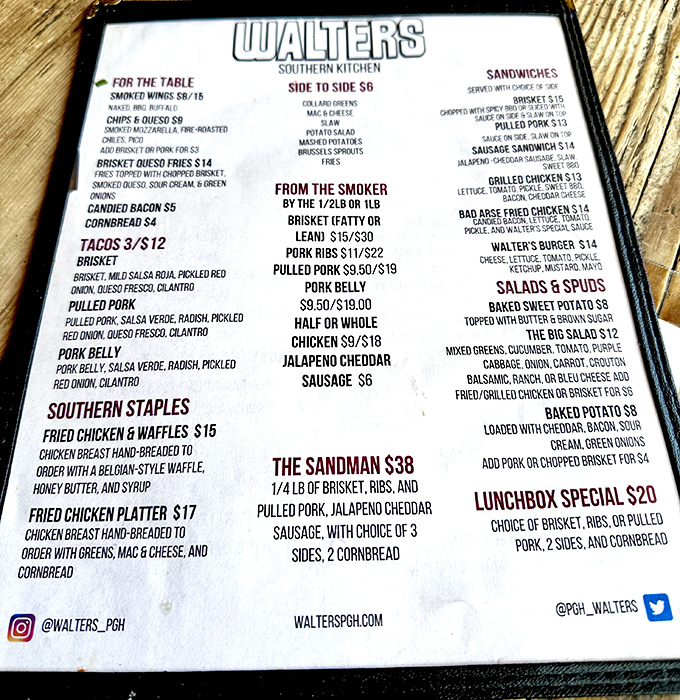 This menu isn't just a list&mdash;it's a roadmap to happiness. The "Sandman" with brisket, ribs, and pulled pork is basically the Avengers of meat.