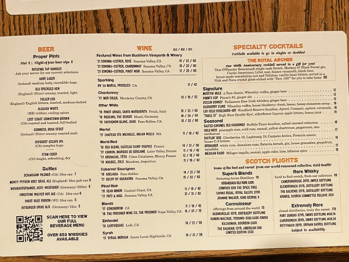 The drinks menu reads like a whisky lover's bucket list. When they offer "Scotch flights," they're not talking about airplanes, folks.