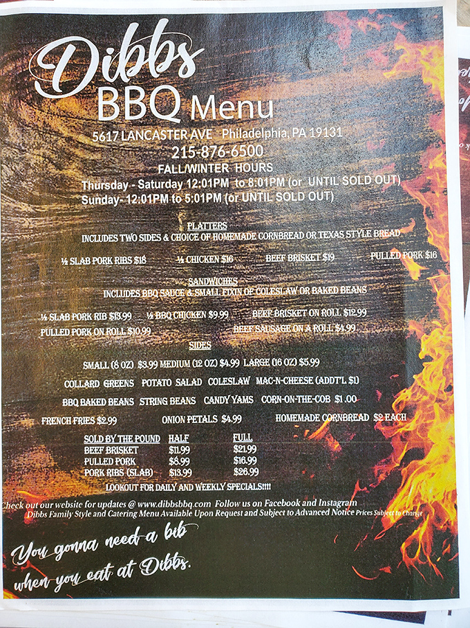 The menu doesn't mince words&mdash;it promises barbecue excellence with sides that aren't afterthoughts. Note that "until sold out" warning&mdash;they mean it.