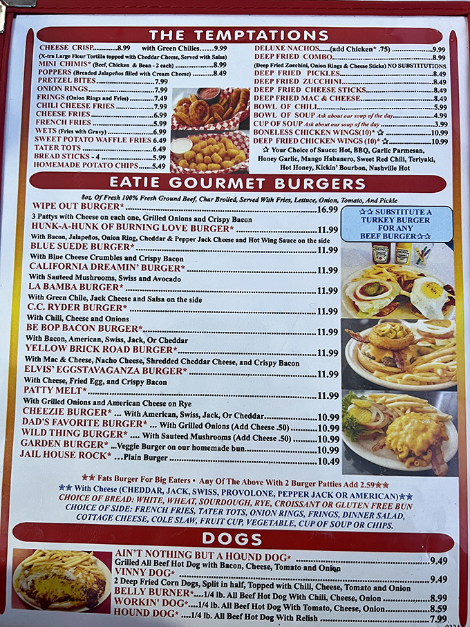 The menu reads like a love letter to American classics. "Eatie Gourmet Burgers" isn't just cute wordplay—it's truth in advertising!
