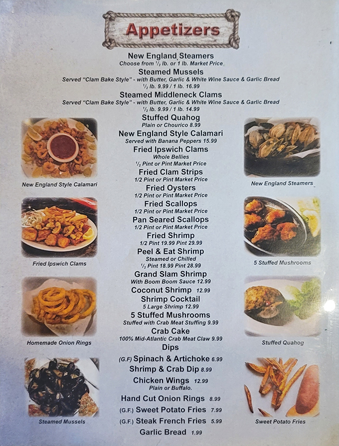 The menu reads like a New England love letter—fried Ipswich clams, stuffed quahog, and steamers that would make a Bostonian homesick.
