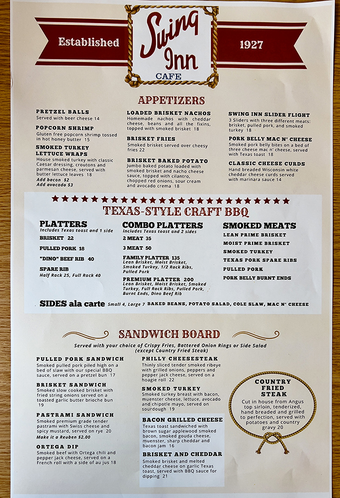 This isn't just a menu &ndash; it's a roadmap to barbecue nirvana. The Texas-style craft BBQ section alone could make a vegetarian question their life choices.