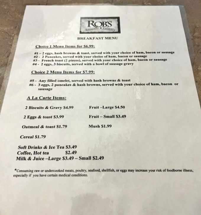 The breakfast menu reveals Rob's commitment to morning classics&mdash;proof that sometimes the simplest pleasures make the most memorable meals.