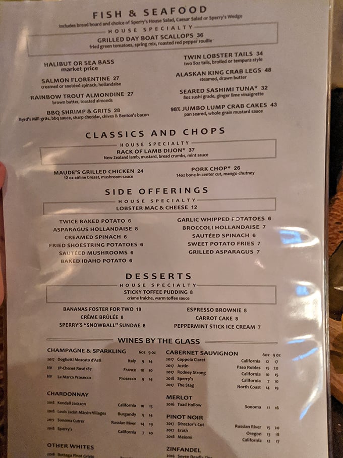 A menu that reads like a greatest hits album of American classics. No algorithm-generated fusion dishes here—just time-tested favorites that never needed fixing.