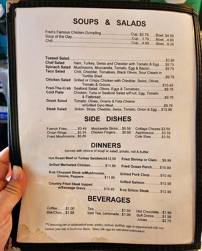 A menu that doesn't need fancy fonts or pretentious descriptions&mdash;just honest food at honest prices. The country fried steak beckons from the bottom right like an old friend.