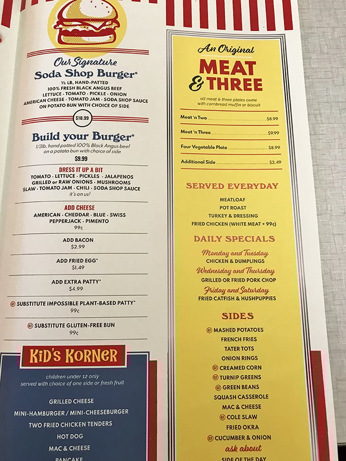 This menu isn't just food—it's a roadmap to happiness. The "Meat & Three" section alone is worth the drive from anywhere in Tennessee.