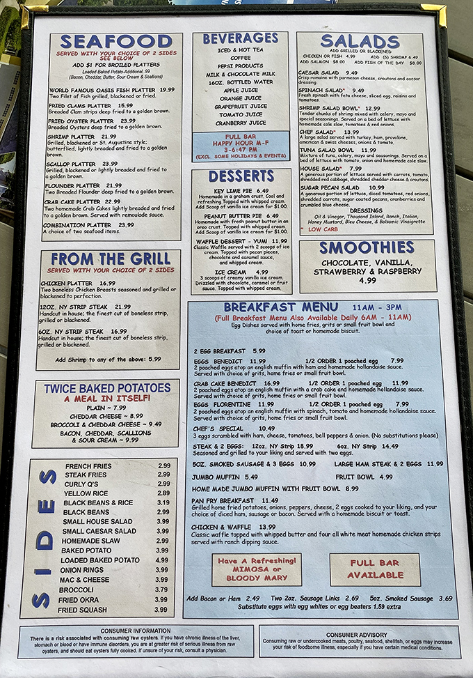 A menu that reads like a love letter to the sea. The "World Famous" fish platter isn't just bragging &ndash; it's a challenge worth accepting.