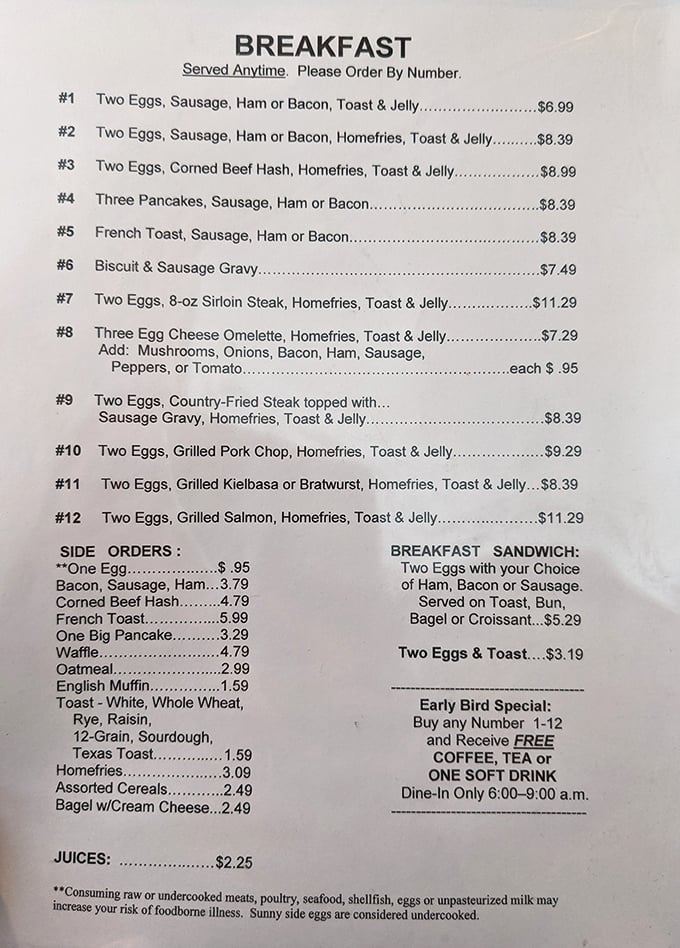 The breakfast menu at Fred's reads like a love letter to morning comfort food. Notice how they call it "homefries," not home fries&mdash;that's how you know they're serious. 