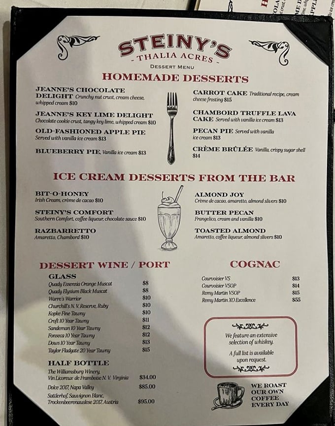 The dessert menu reads like a love letter to indulgence&mdash;Jeanne's Chocolate Delight might be worth the drive to Virginia Beach alone.