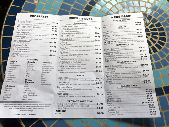 A menu that reads like a love letter to comfort food. The breakfast section alone could solve most of life's problems.