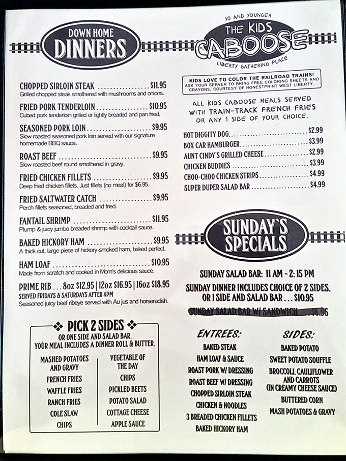 A menu that reads like comfort food's greatest hits album—railroad-themed kids' options prove someone's thinking about the little conductors too.