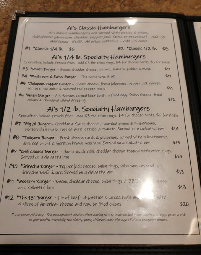 The menu reads like a love letter to simplicity&mdash;no pretentious descriptions, just honest burgers with straightforward toppings that deliver big flavor.