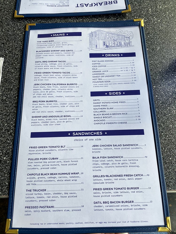 This menu isn't just a list—it's a roadmap to happiness. The Yard Bird and Blackened Shrimp and Grits aren't just dishes, they're life-changing experiences.