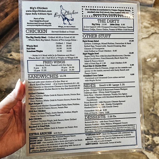 The menu at Big's reads like a love letter to poultry. "The Dirty" alone is worth the trip—Jo-Jos topped with chopped smoked chicken and all the fixings.