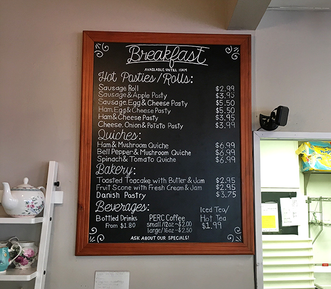 The breakfast menu reads like a love letter to British morning traditions. Pasties and quiches and scones, oh my!