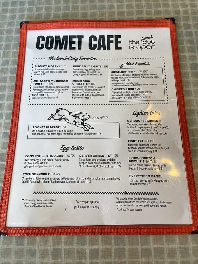 A menu that solves the eternal breakfast dilemma: whether to go healthy or indulgent. The "(V)" symbols are like treasure maps for vegan adventurers.