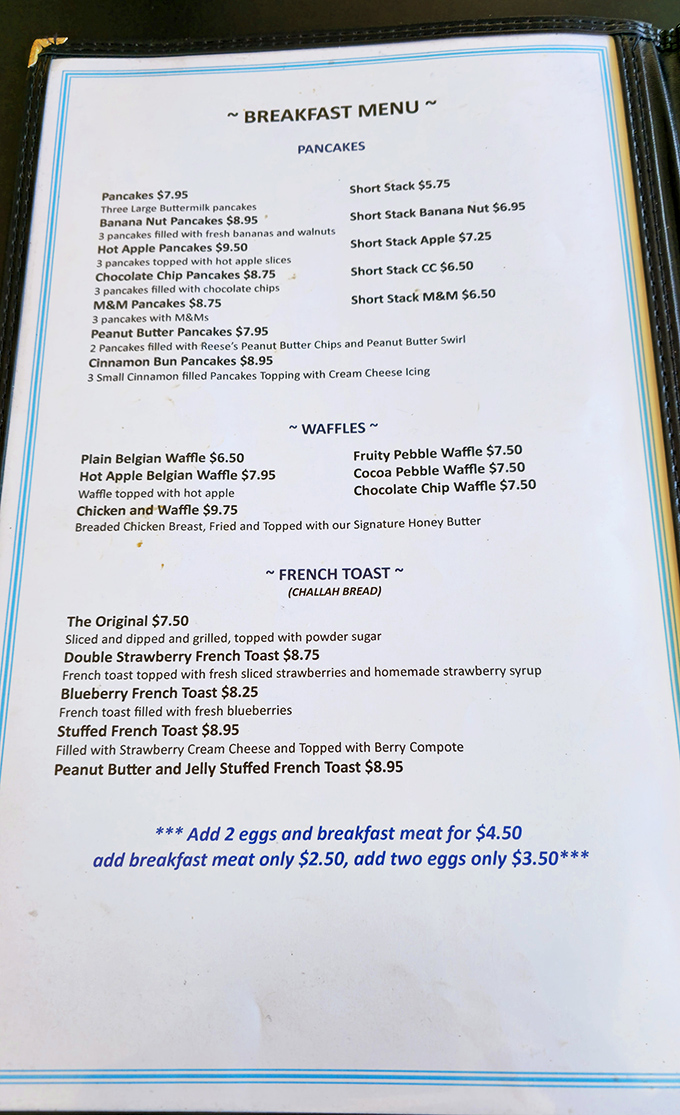 This menu isn't trying to reinvent breakfast&mdash;it's perfecting it. The challah French toast options alone deserve their own fan club.