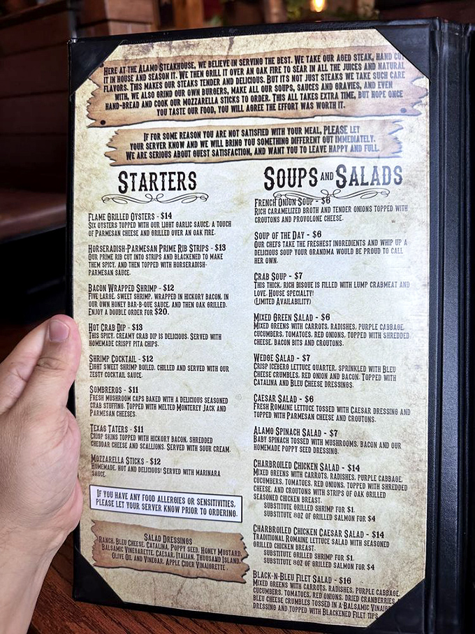 This isn't just a menu – it's a roadmap to carnivorous bliss. Notice the promise at the top about oak-fired steaks that makes vegetarians question their life choices.