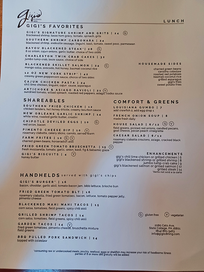 A menu that reads like a love letter to Southern cuisine. Each description is a promise your taste buds will thank you for keeping.