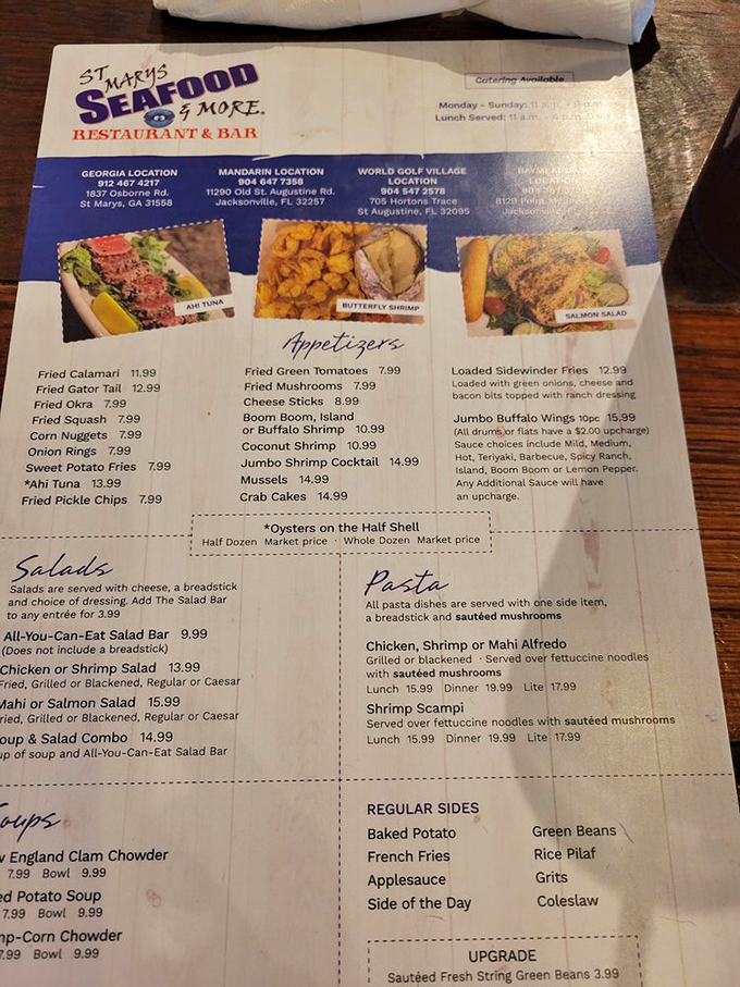 A menu that reads like a love letter to Southern coastal cuisine. Decision paralysis has never been so delicious.