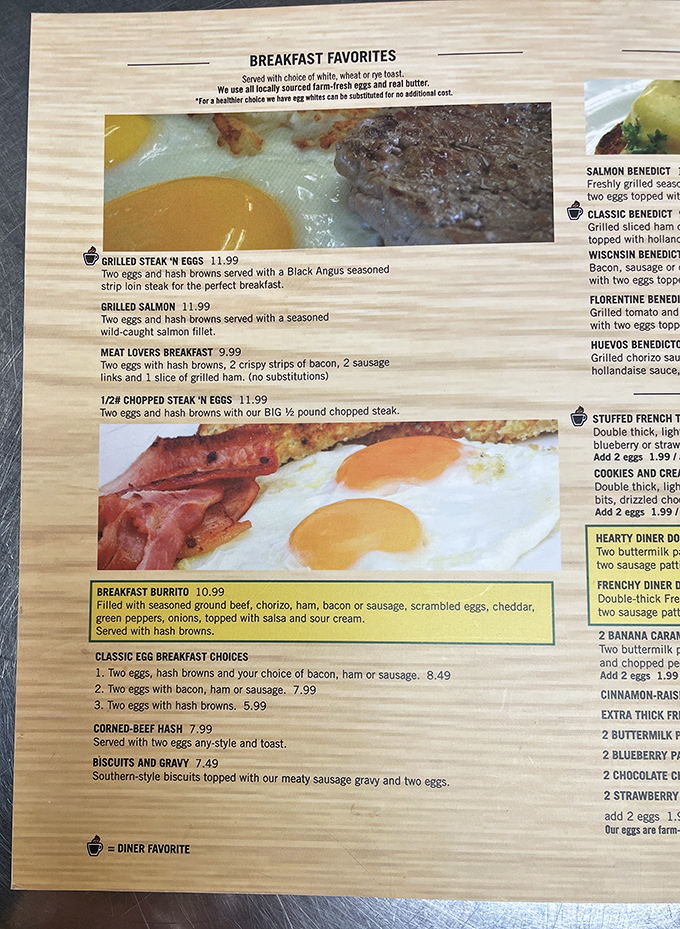 The menu proudly announces "locally sourced farm-fresh eggs and real butter" &ndash; because some breakfast commitments should never be compromised.